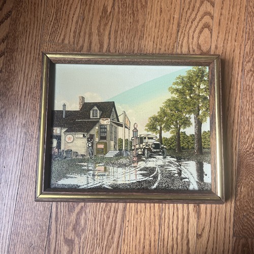 H. Hargrove Canvas serigraph old time gas station Painting signed Wood ...