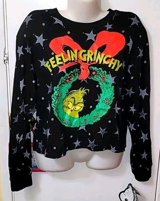 The Grinch Top Womens Large Feelin Grinchy Cropped Top Stars Print New ...