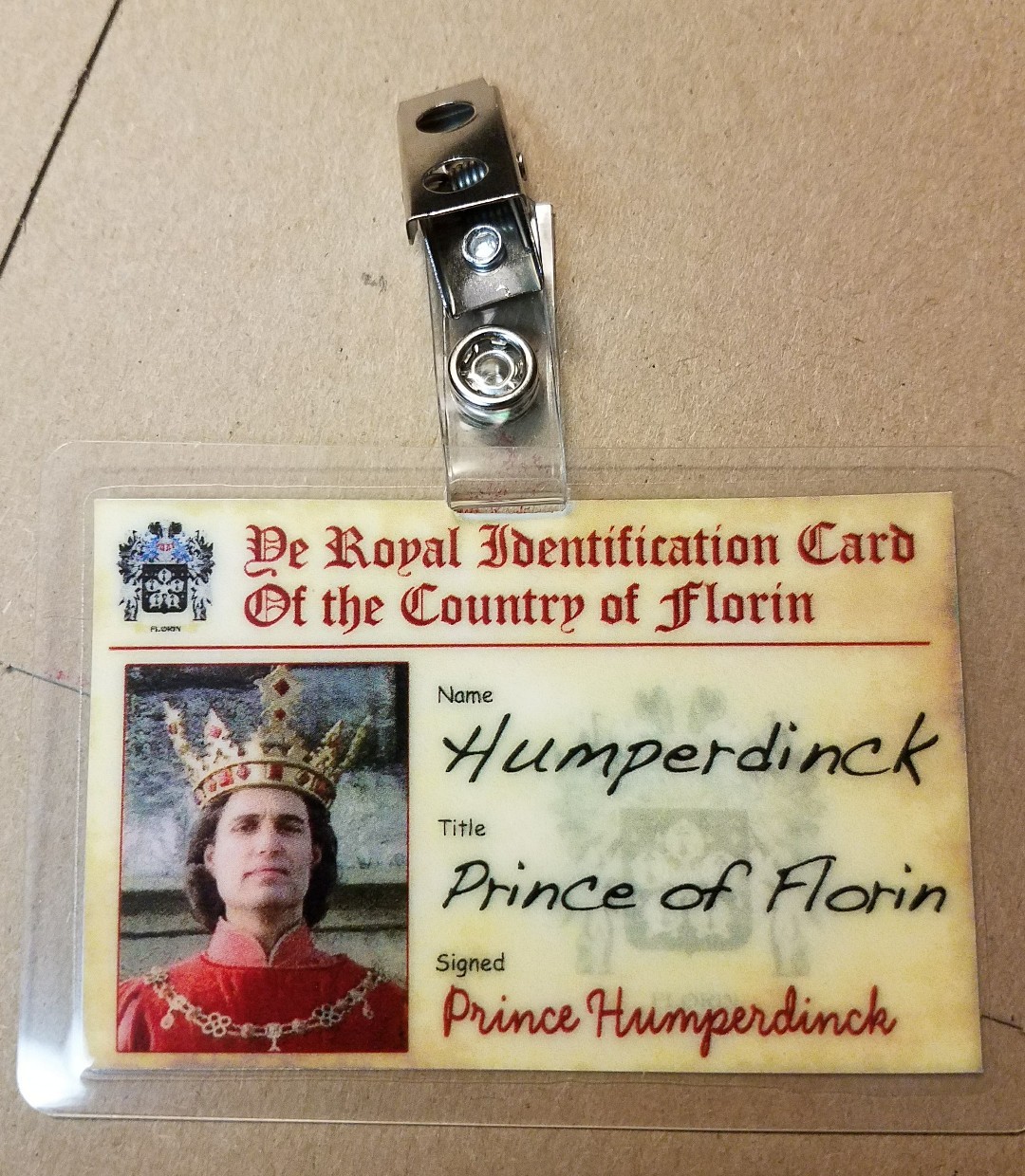 Princess Bride ID Badge- Humperdinick Prince of Florin cosplay costume ...