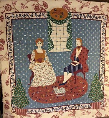 Colonial Couple Parlor Portrait w/Cat 2 Pillow Panel Classic Cotton Cut ...