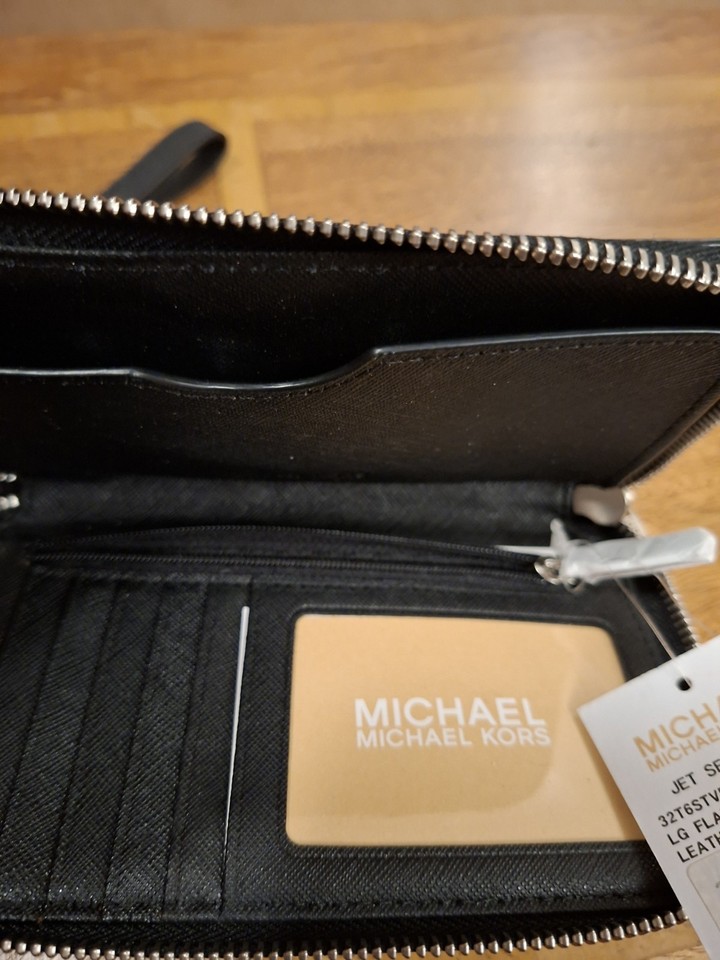 Michael Kors Jet Set BLK/NICKEL LG FLAT MF PHONE CASE LEATHER New With ...