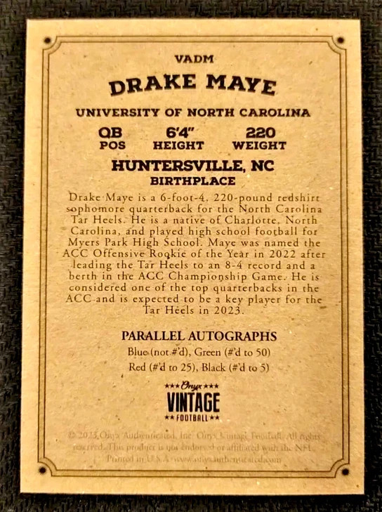 2023 Onyx Vintage Blue Signatures Drake Maye SP Auto Autograph RC ...