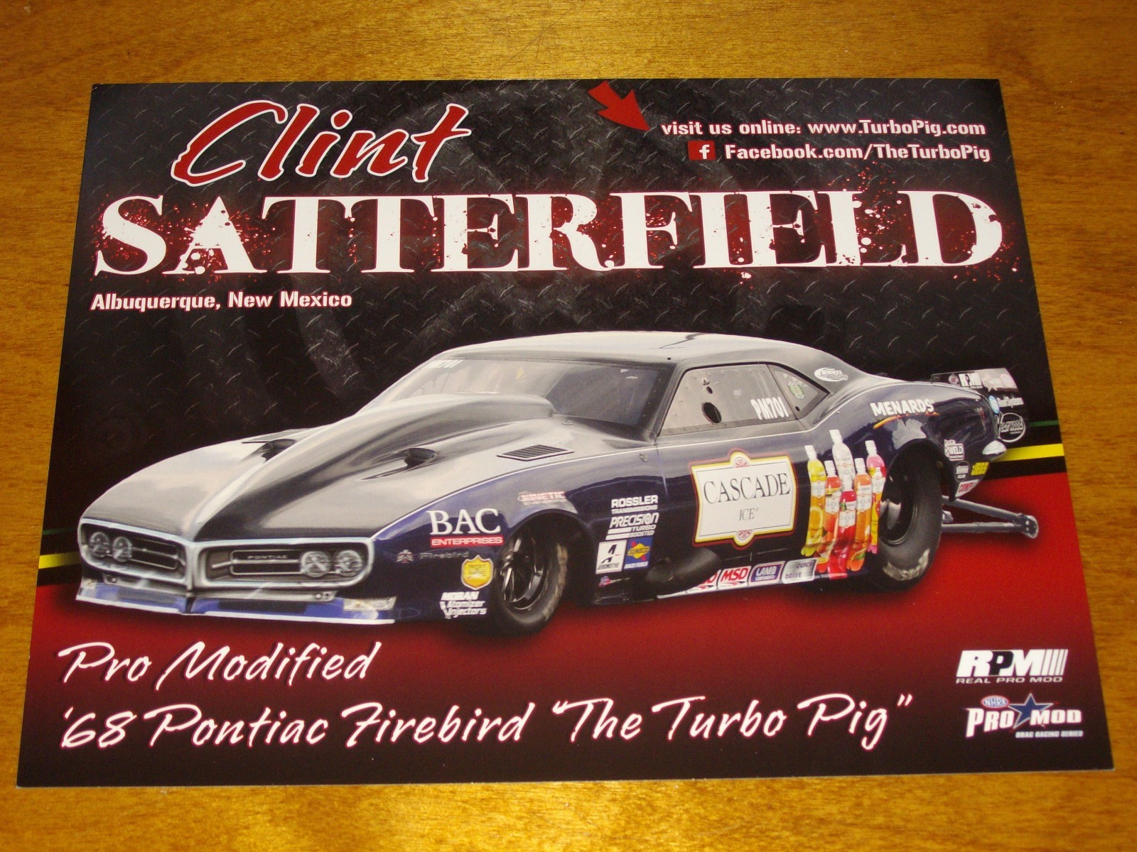 2016 CLINT SATTERFIELD 1968 PONTIAC FIREBIRD PRO MODIFIED NHRA POSTCARD ...