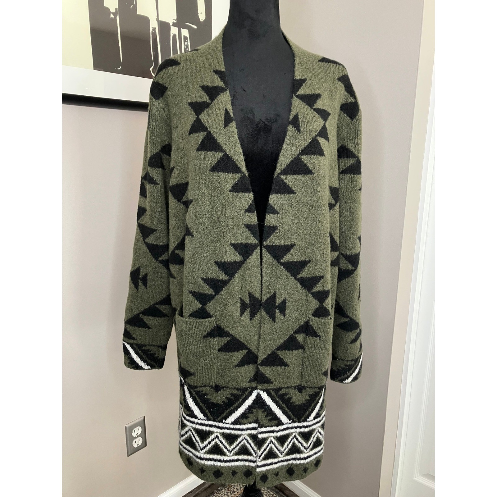 Frye Southwest Aztec Open Front Long Cardigan Sweater Jacket Green ...