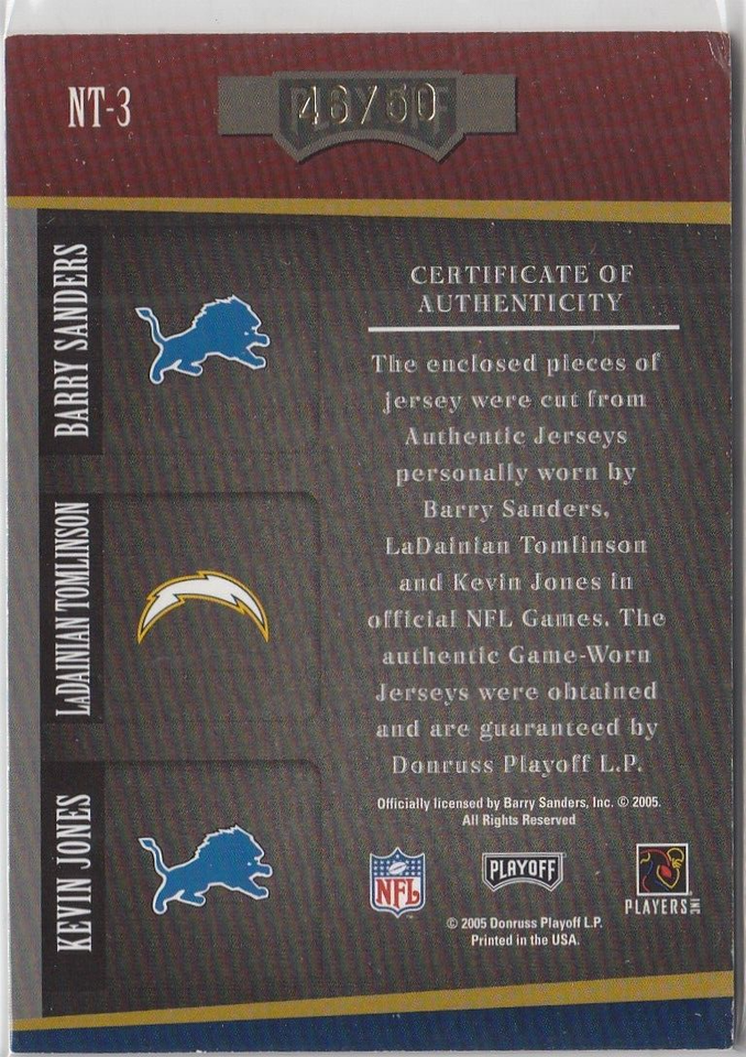 2005 Absolute Mem. National Treasures Jerseys B. Sanders/L. Tomlinson ...