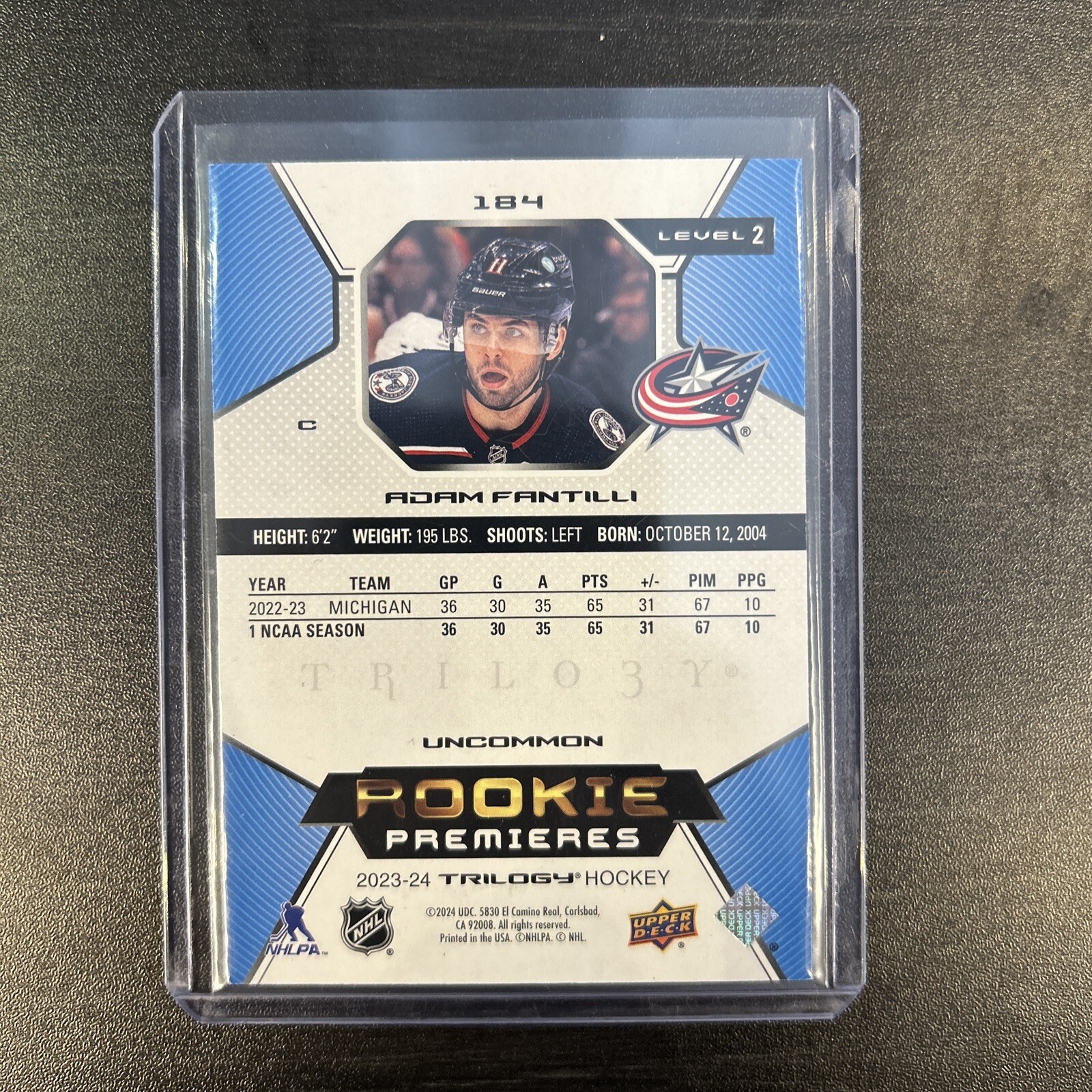 23-24 Trilogy Rookie Premieres Level 2 Adam Fantilli /699 Columbus Blue ...