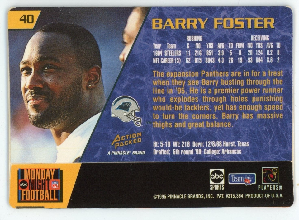 1995 Action Packed Monday Night Football Barry Foster Card #40 | eBay