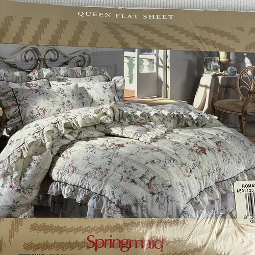 Springmaid Queen Ruffle Flat Sheet White Pink Rose Flower Floral ...