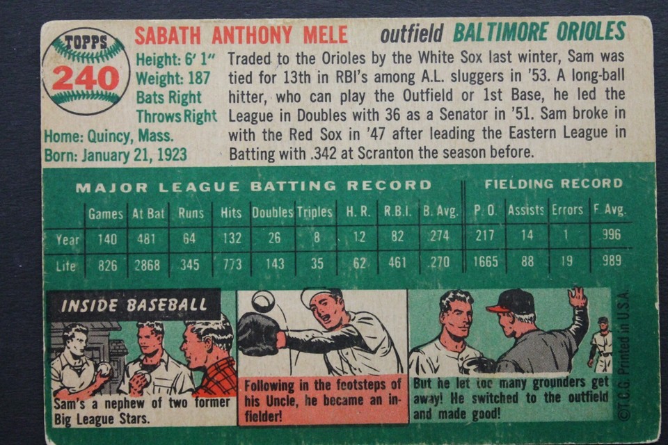 Sam Mele (d.2017) Orioles Signed Autographed Vintage 1954 Topps #240 ...