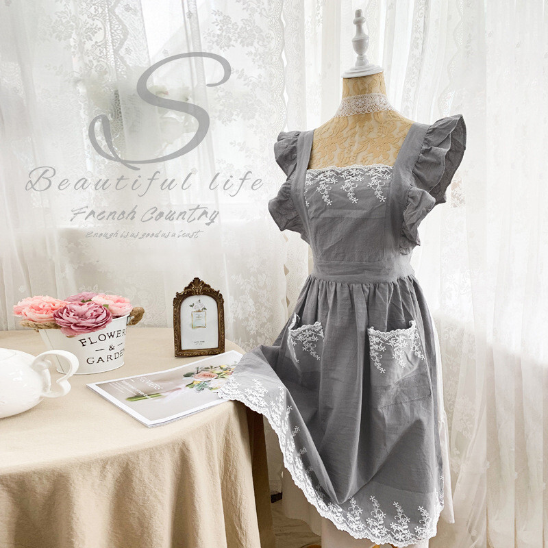 Lace Ruffles Cotton Apron with Pockets Florist Cafe Maid Waitress ...