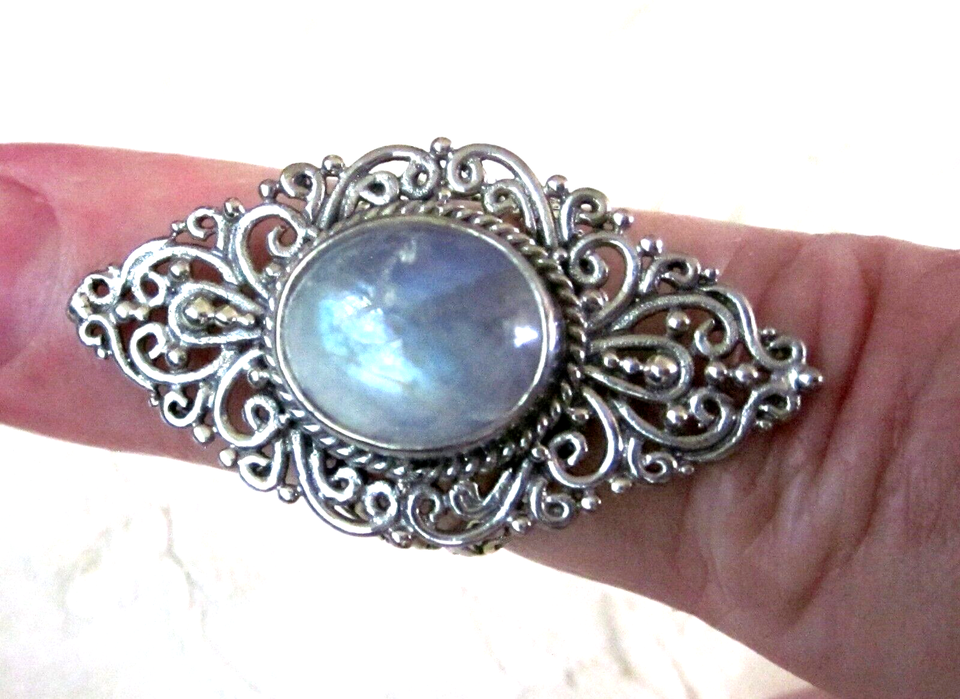 Rainbow Moonstone Filigree Ring / size 7 / 925 Sterling Silver / 4.75ct ...