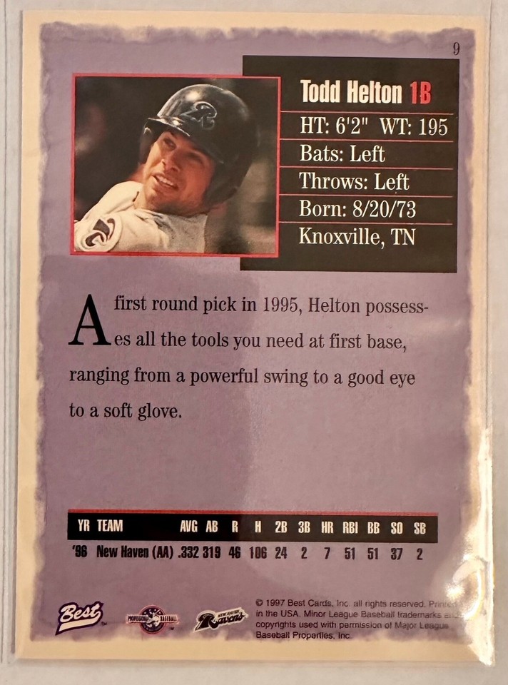 1997 Best Todd Helton New Haven Ravens #9 Colorado Rockies Baseball ...