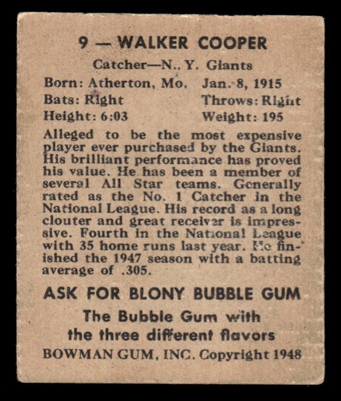 1948 Bowman Baseball #9 Walker Cooper GD *f1 | eBay