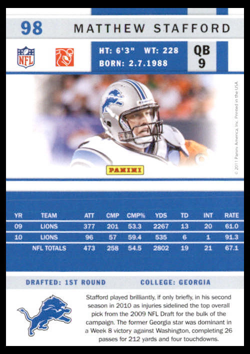 2011 Score #98 Matthew Stafford Detroit Lions Football Card | eBay