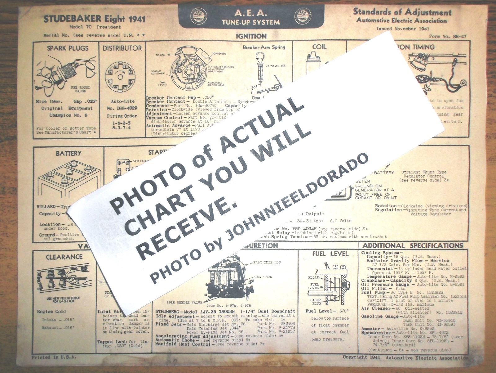 1941 Studebaker EIGHT Series 7C President Models AEA Tune Up Chart | eBay