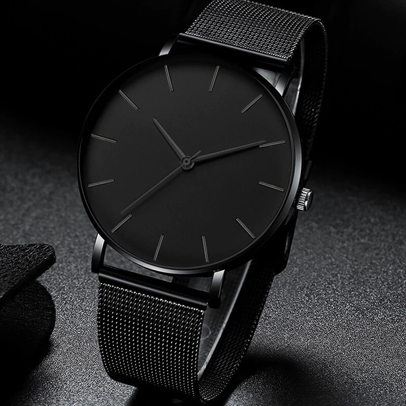 All Black Wrist Watch Men Luxury Mesh Ultra-thin Stainless Steel Quartz ...