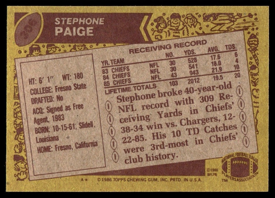 1986 Topps Stephone Paige Rookie Kansas City Chiefs #306 | eBay