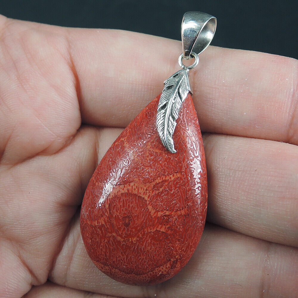 925 Sterling Silver Teardrop Shape Red Coral Pendant Hand Made Jewelry ...