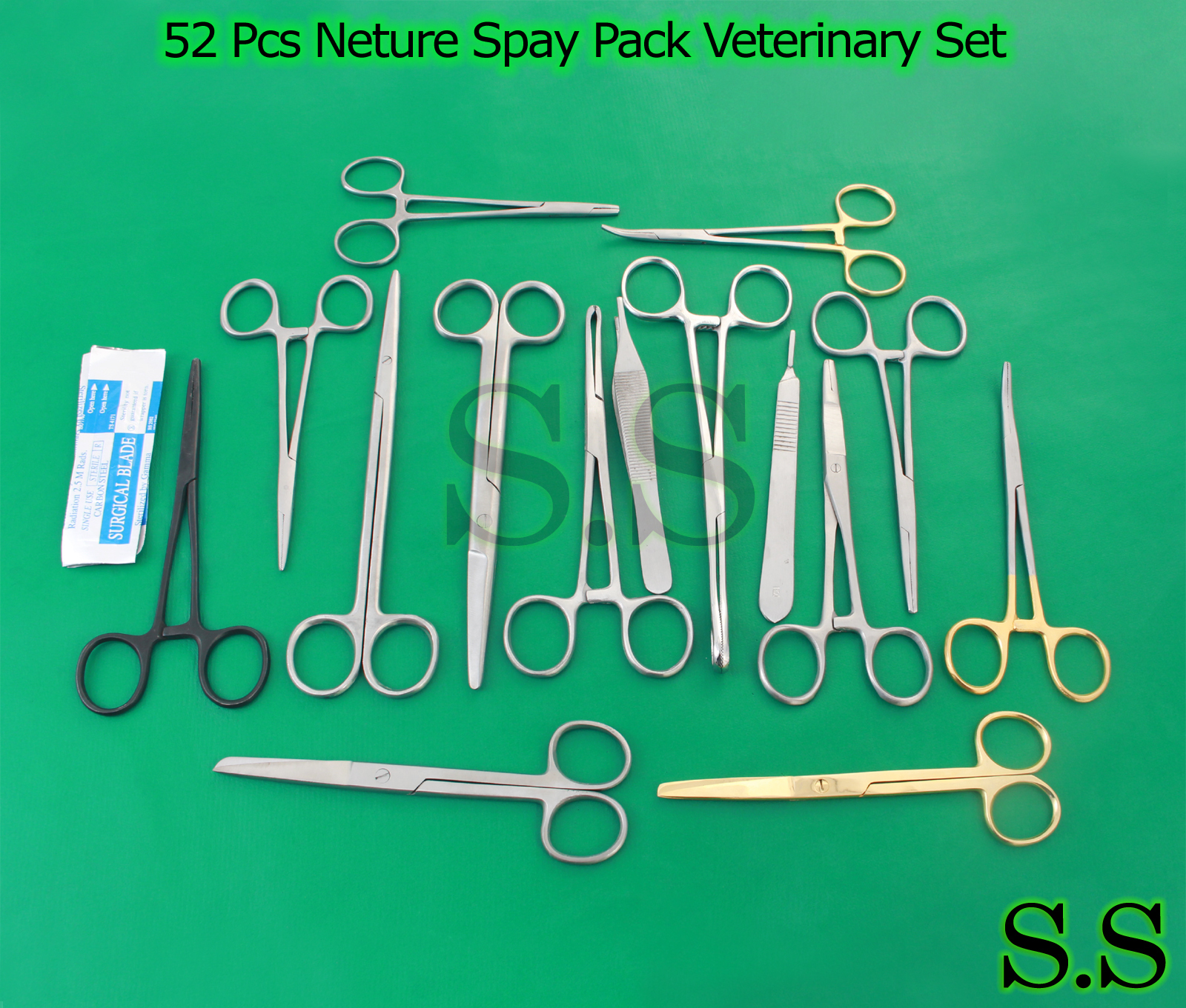 52 PCS NEUTER SPAY PACK VETERINARY SURGICAL INSTRUMENT GOLD HANDLE ...