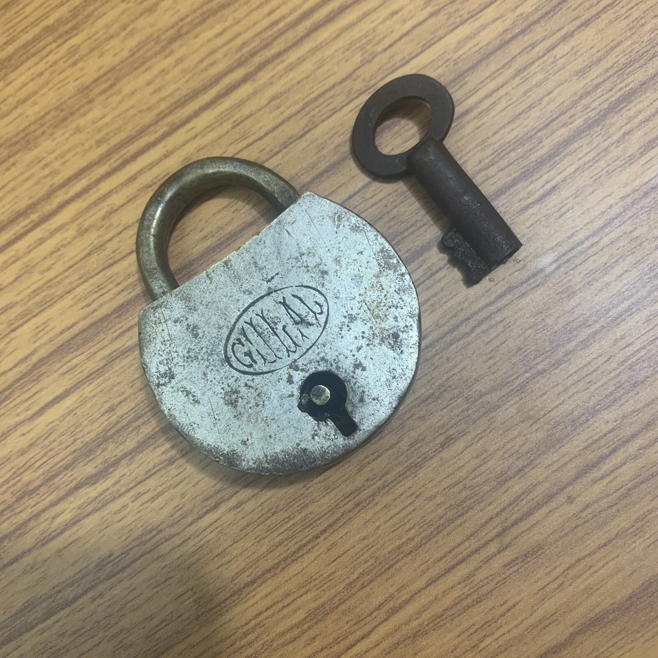 OLD OR ANTIQUE BRASS PADLOCK OR LOCK WITH KEY, SMALL SIZED, DECORATIVE ...