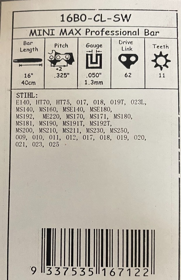 16" Archer Guide bar .325-050-62DL 025, MS210, MS250 replaces Stihl ...