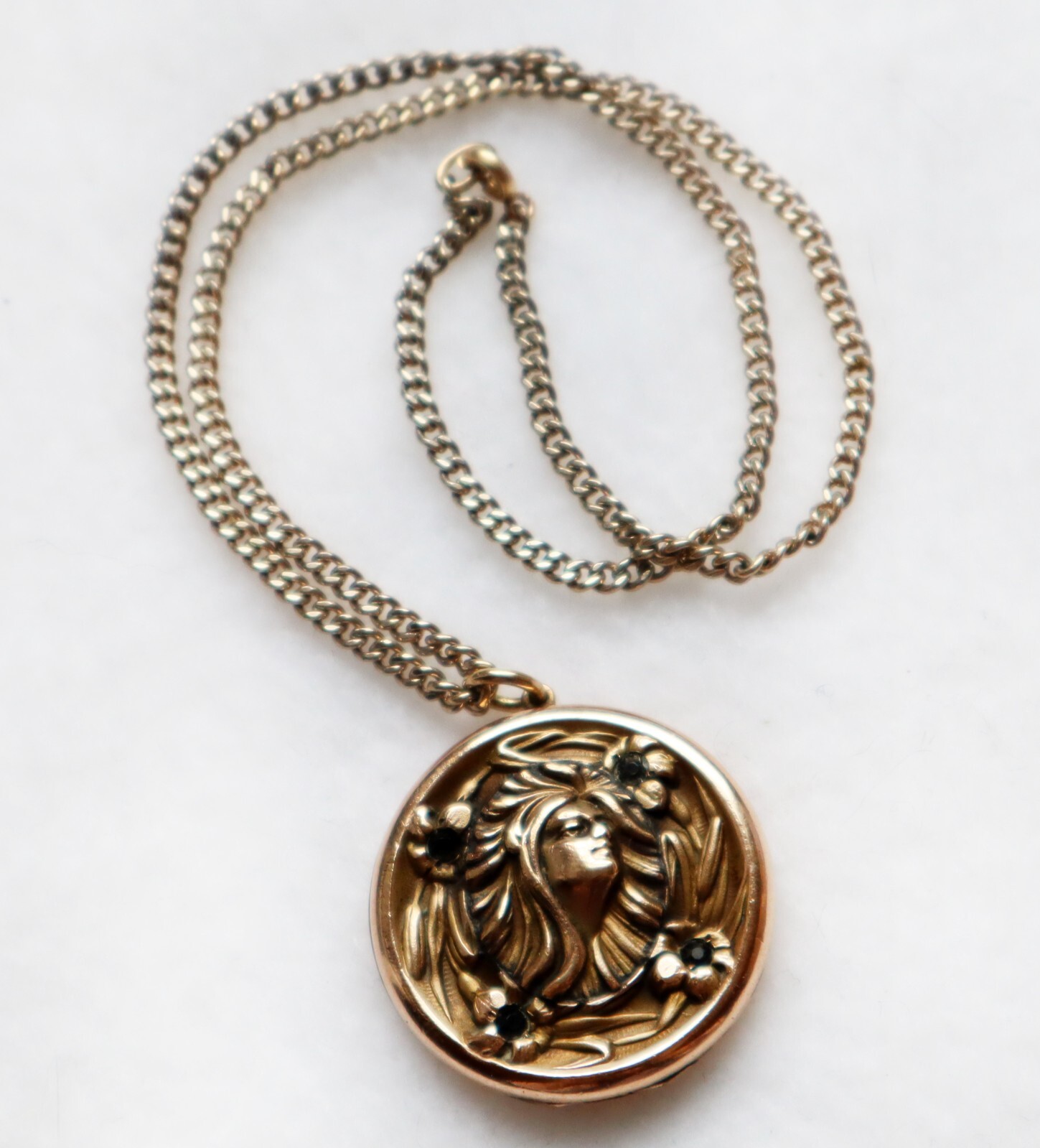 Antique Art Nouveau Repousse Locket Gold Filled Woman Face Paste Stones ...
