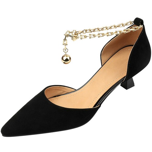 Women's Pointed Toe Kitten Elegant Fake Suede Sandals Metal Chain Black ...