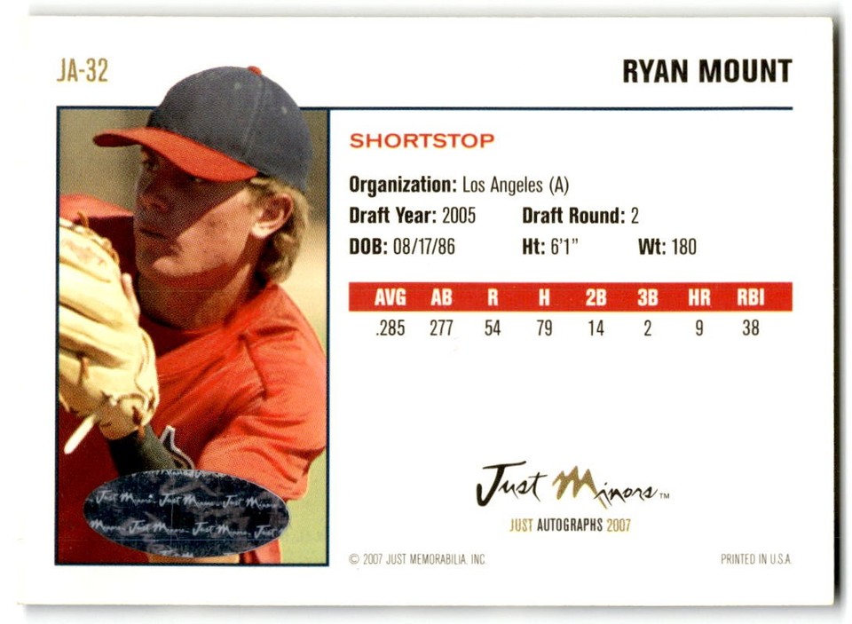 2007 Just Autographs #JA-32 Ryan Mount Signatures Los Angeles Angels ...