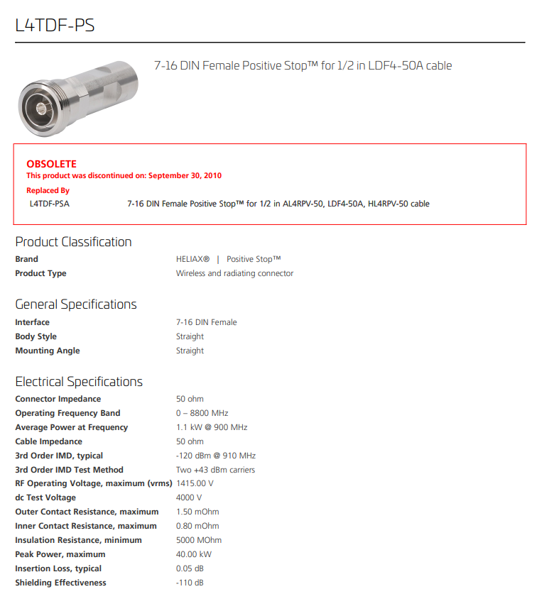 L4TDF-PS ANDREW DIN FEMALE POSITIVE STOP CONNECTOR FOR 1/2" LDF4-50A ...