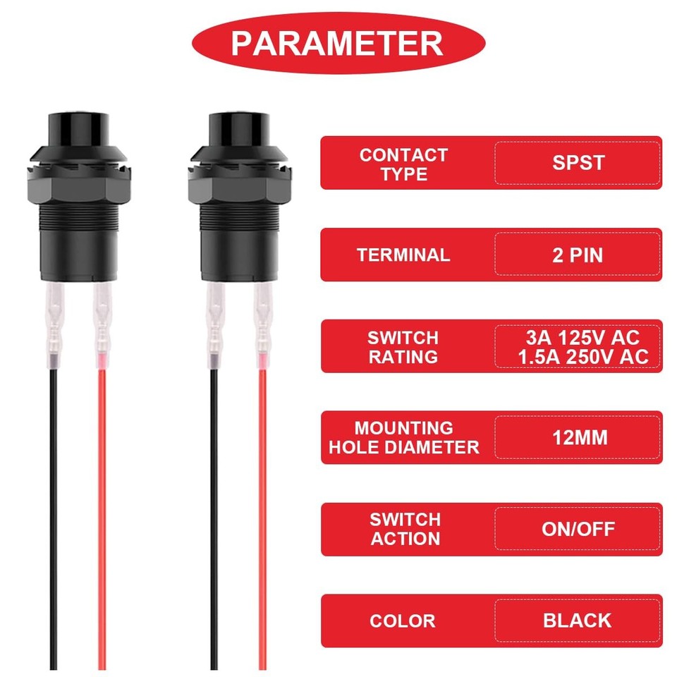 12Pcs 12mm Black Mini Round Latching Push Button Switch AC 250V 1.5A ...