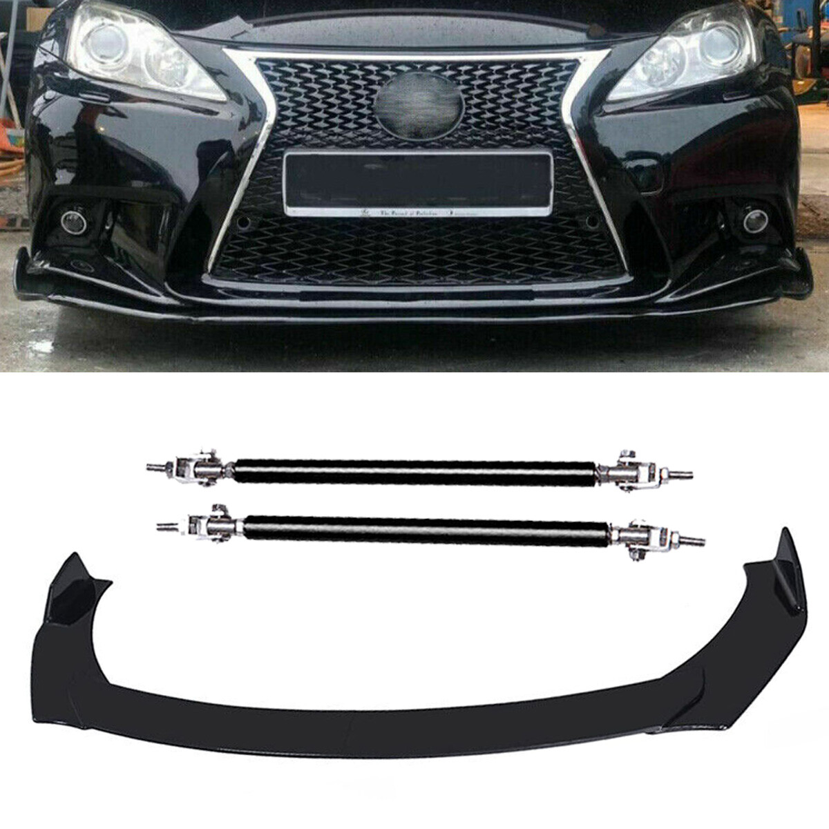 For LEXUS Front Bumper Lip Spoiler Splitter Body Kits Strut Rod Glossy ...