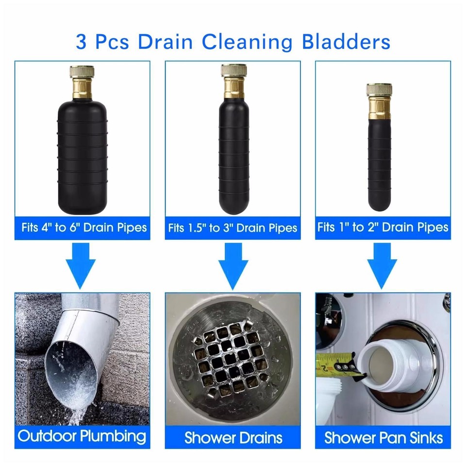 Ultimate Drain Cleaning Kit 3 Rubber Bladders for 1-6 Inch Pipes - No ...
