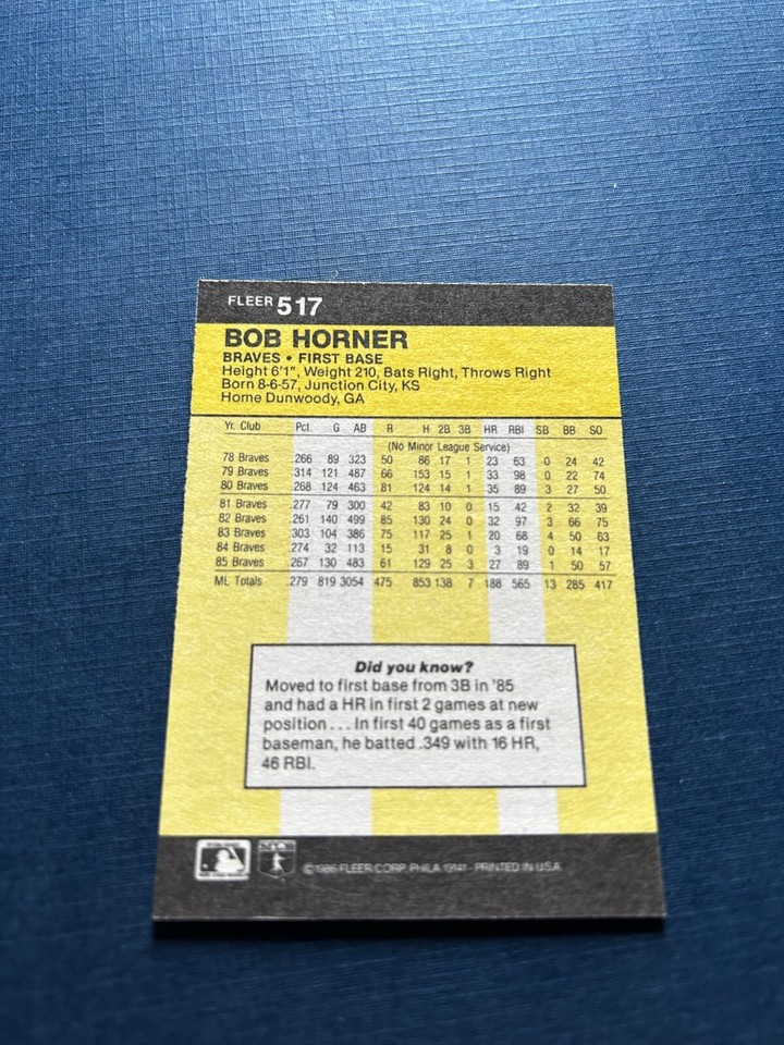1986 Fleer Baseball Bob Horner #517 Set Break NM | eBay