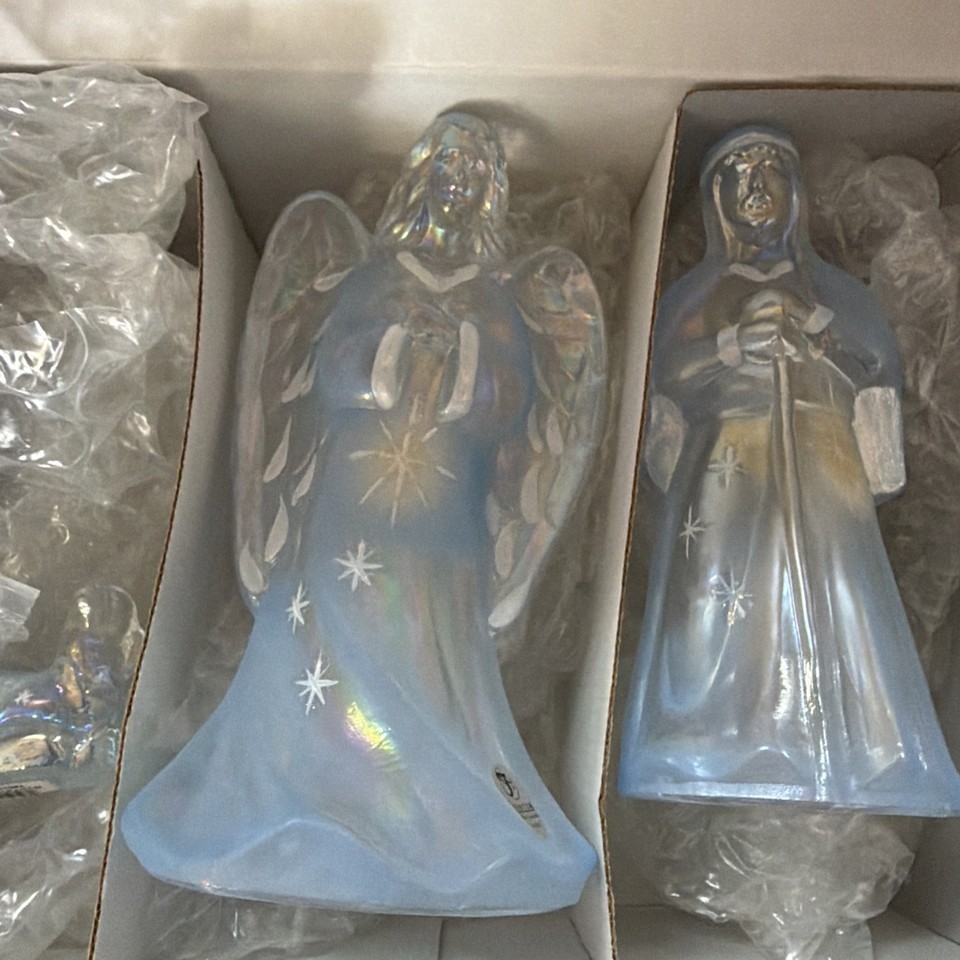 Fenton 3 Piece Iridescent Blue Nativity MIB Rare Angel, Sheppard And ...