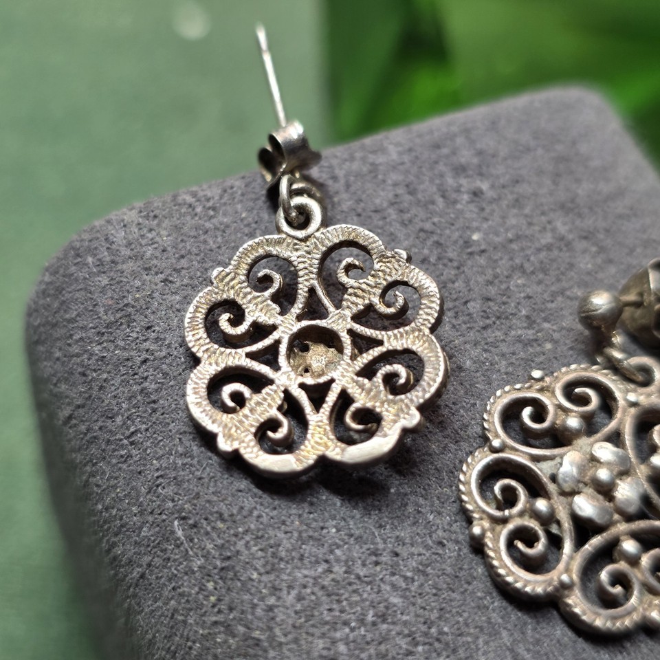 Vintage 925 Silver Filigree Drop Earrings Elegant Floral Design | eBay UK