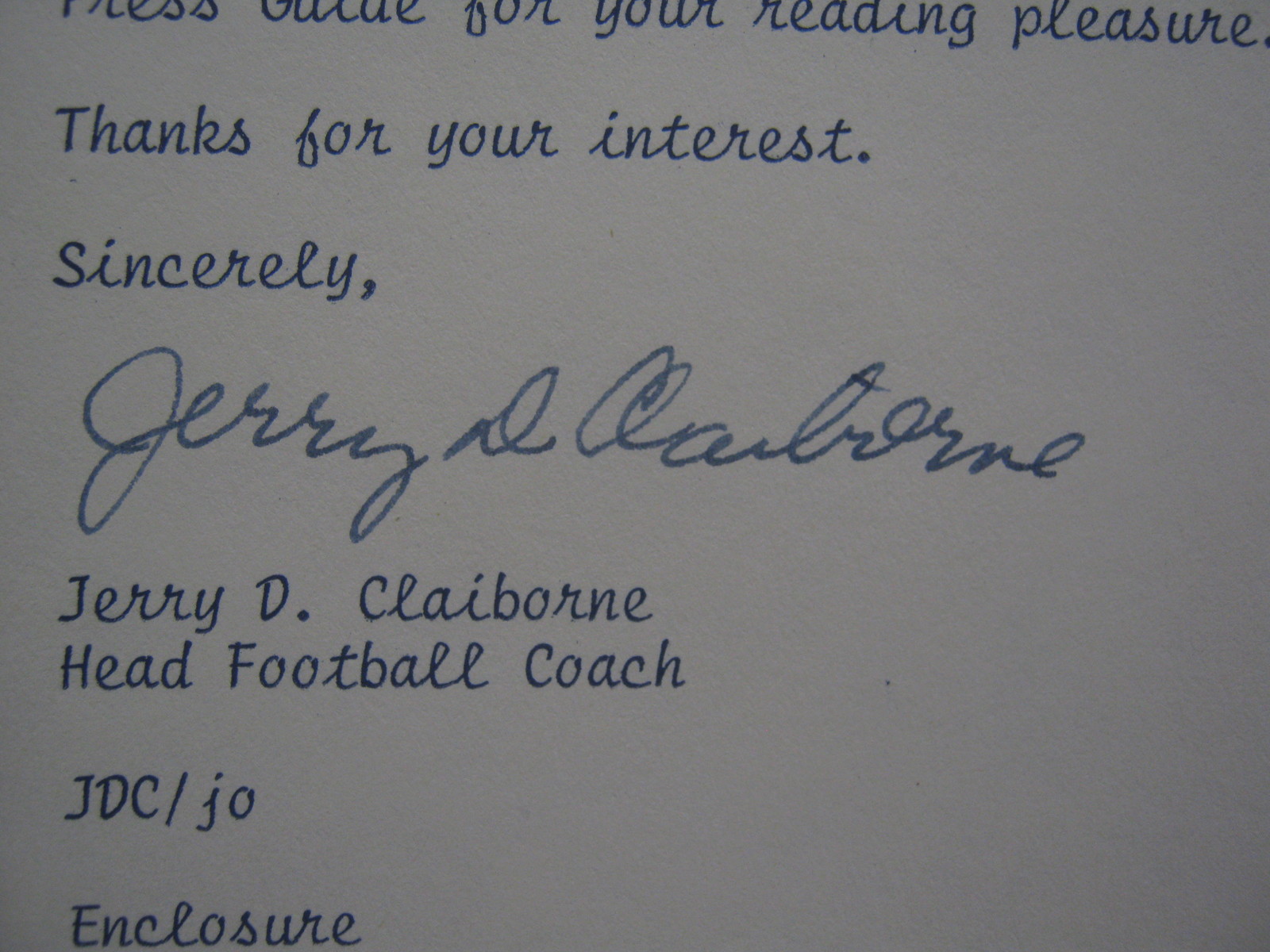 JERRY CLAIBORNE (Died-2000) Kentucky Wildcats Signed 1982 Personal ...