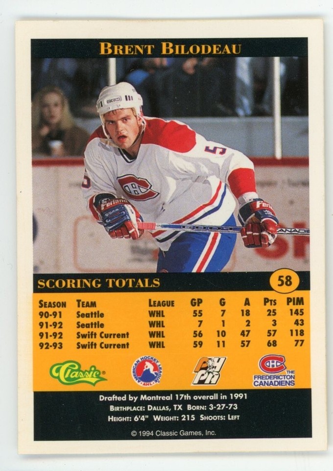 1994 Classic Pro Prospects #58 Brent Bilodeau Hockey Card | eBay