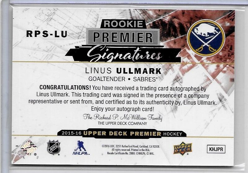 2015-16 Linus Ullmark Upper Deck Rookie Premier Signatures RPS-LU | eBay