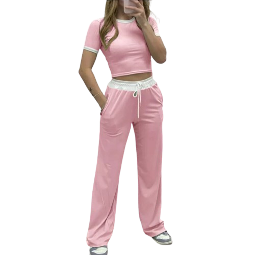 Ladies two piece Women's ribbed contrast cap sleeve crop top trouser Co ...