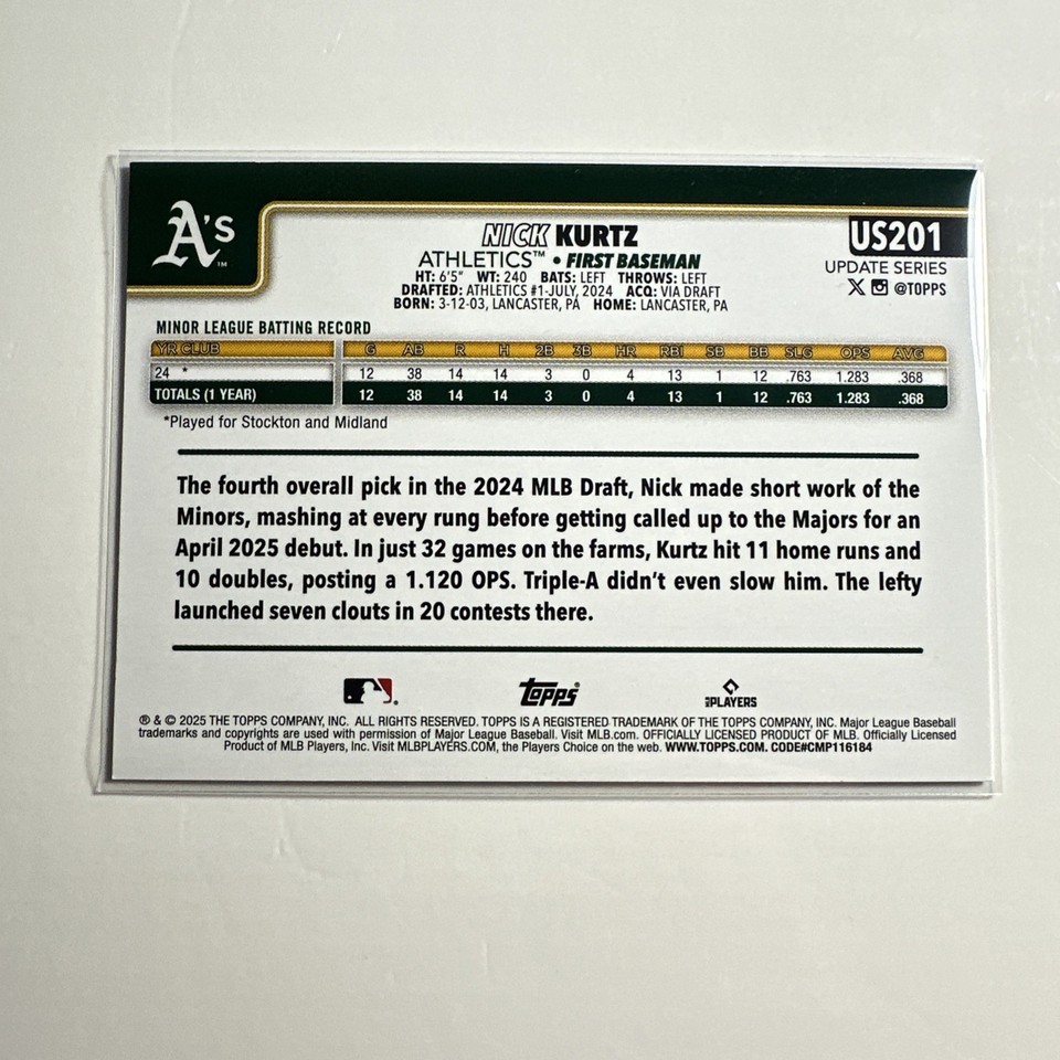 2025 Topps Update RC Rookie #US201 NICK KURTZ OAKLAND A'S ROTY | eBay