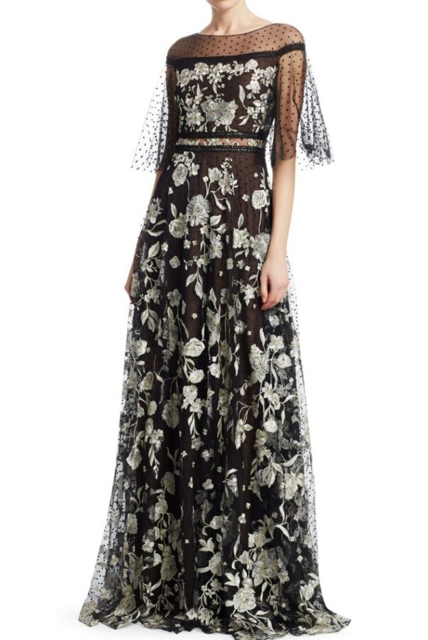 $1095 NEW Marchesa Notte Sheer Sleeve Gold Embroidered Gown Black Dress ...