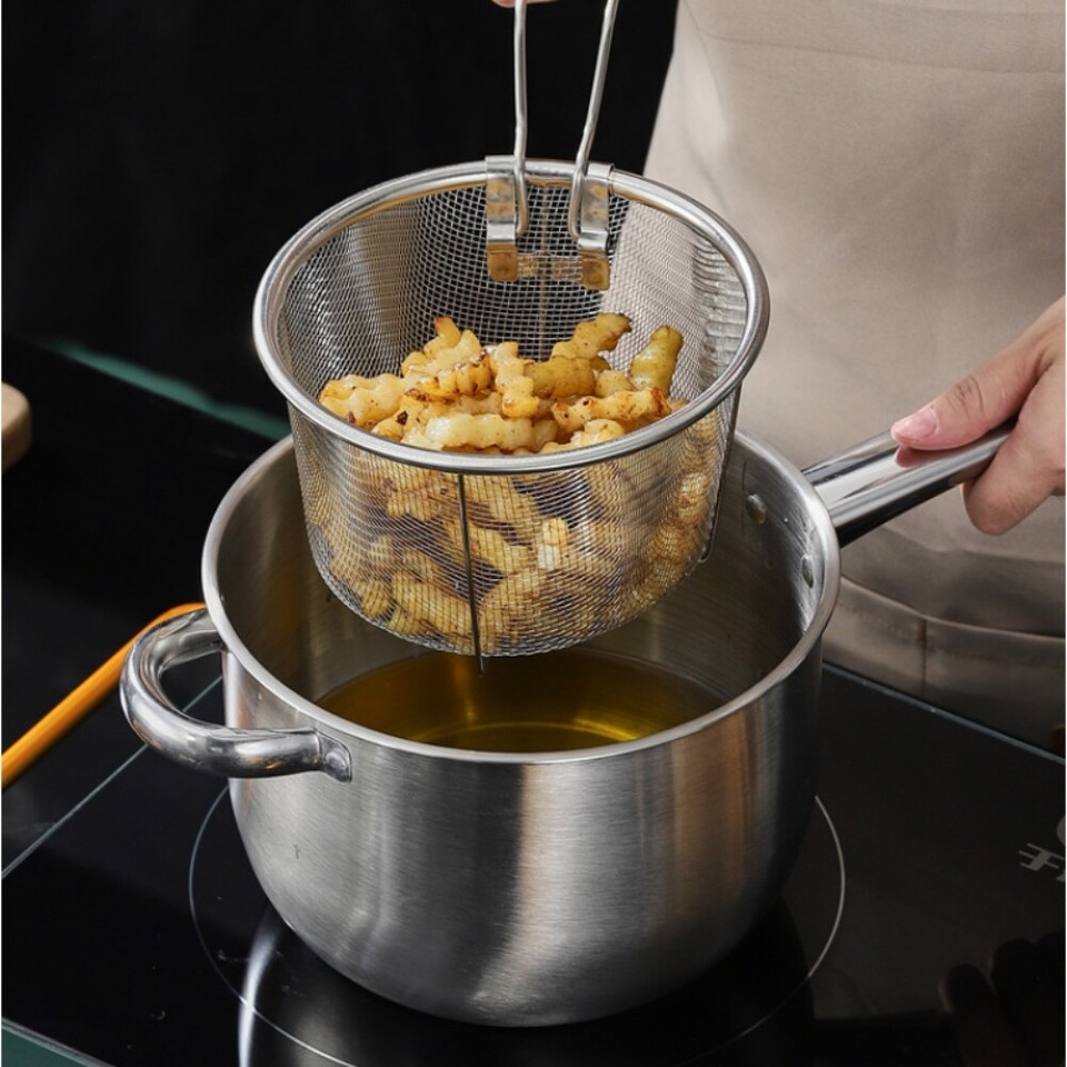 3Pcs/set Large Stainless Steel Chip Pan with Basket and Lid Deep Frying ...