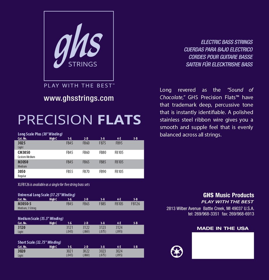 GHS 3025 Precision Bass Flats Flatwound Bass Guitar Strings; light ...