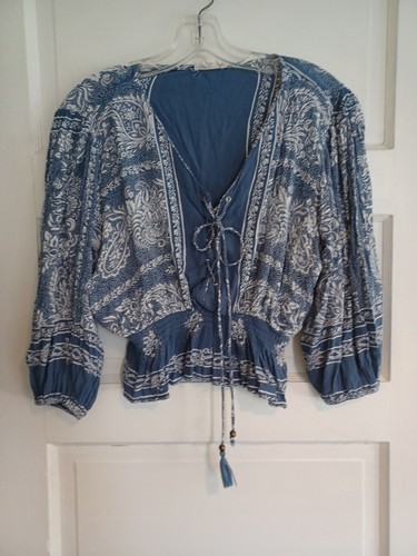 Gypsy Love blue cropped top L boho lace-up tie blouse hippie festival ...