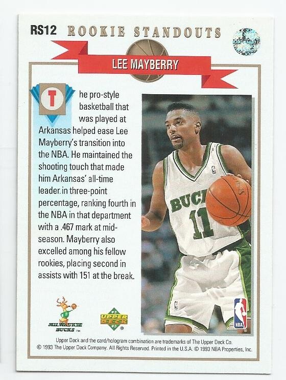 1992-93 Upper Deck Rookie Standouts Lee Mayberry Milwaukee Bucks RC ...