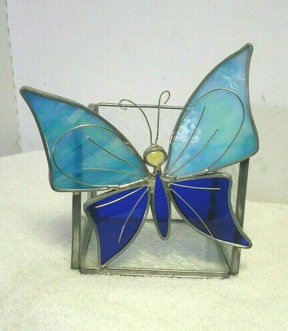 iridescent STAIN GLASS butterfly blue chip glass candle box silver tone ...