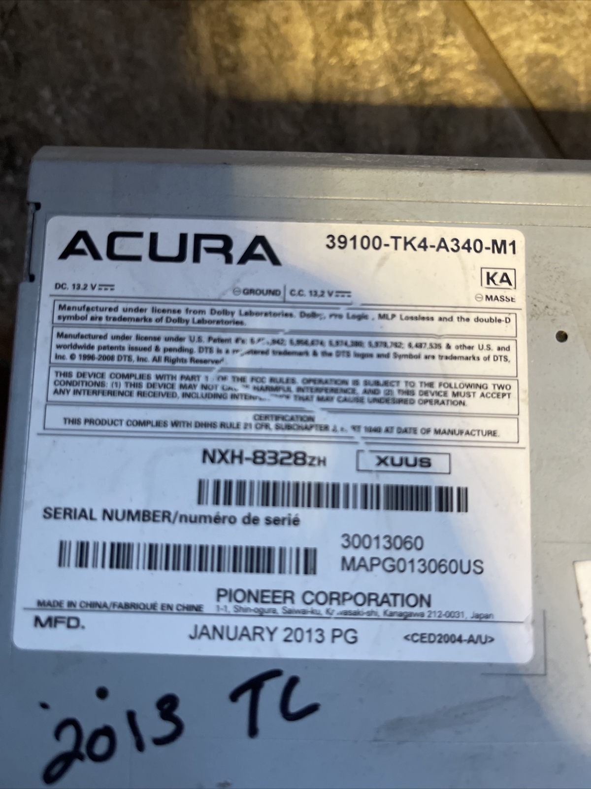 2013-2014 Acura TL Navigation CD Player Radio P/N: 39100-TK4-A340-M1 ...