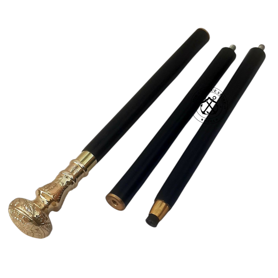 Brass Handel Wooden Walking Stick 3 Fold Black. Shiny Brass Gift for ...