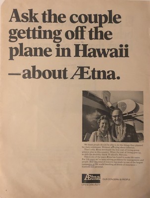 1969 Aetna Life & Casualty PRINT AD Ask Couple Plane Hawaii VTG 1960s ...