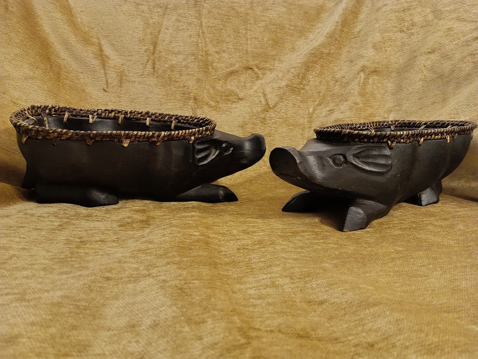 Vtg Set of 2 Hand Carved Wood Rattan Pig Fruit Bowl Tray Dish ...